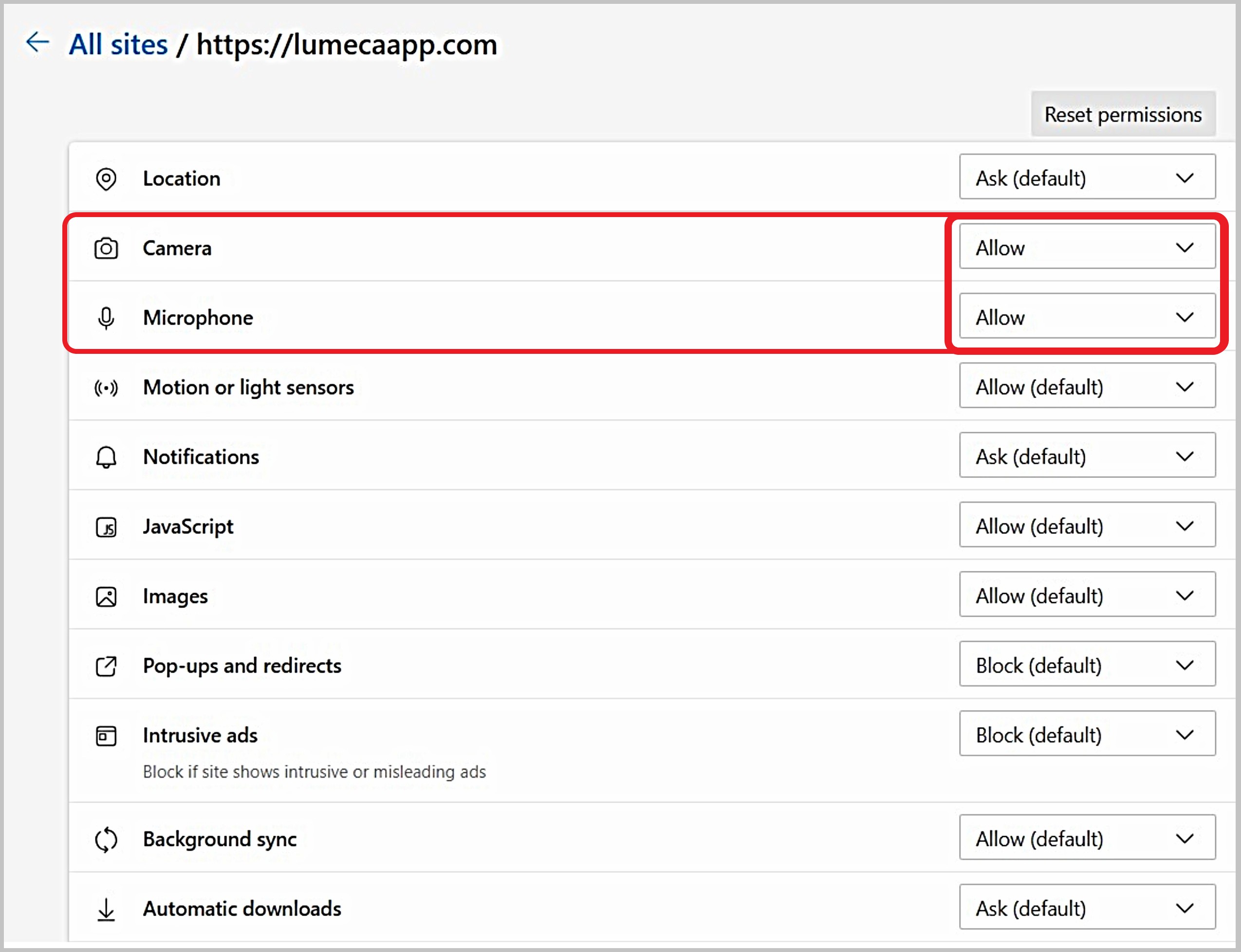 EDGE Browser - Camera & Microphone Permissions – Lumeca Health
